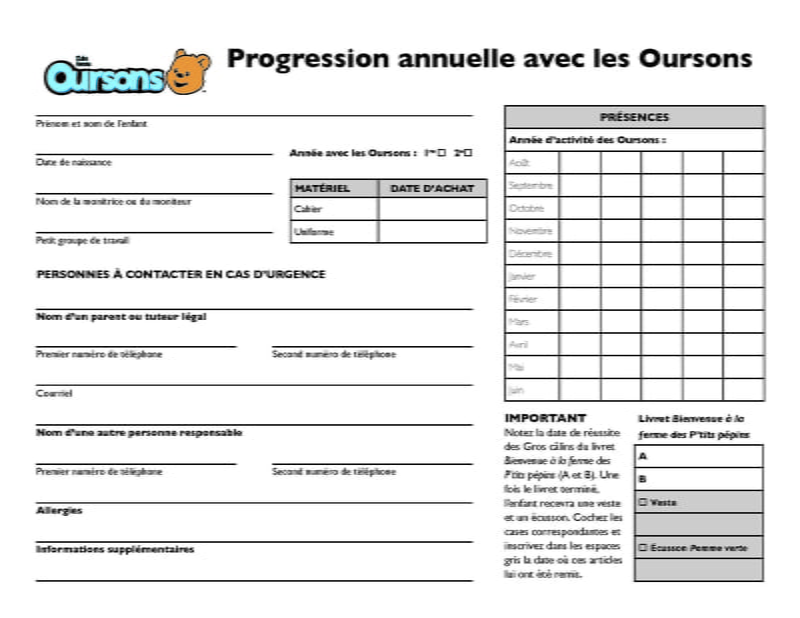 Fiche de progression des Oursons, Paquet de 10
